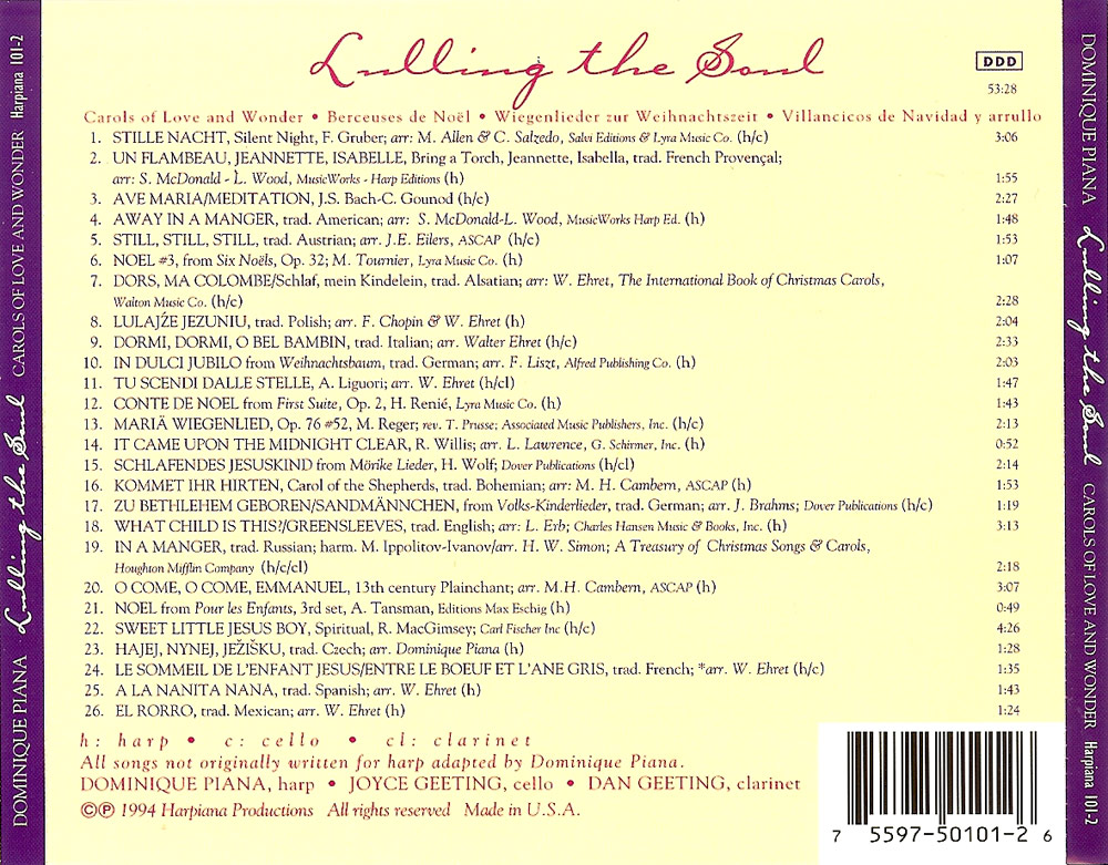 CD: Lulling the Soul, Carols of Love and Wonder, by D. Piana - Harpiana ...
